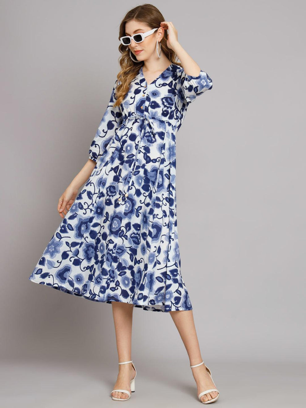 Abstract Blue Flared Dress – Decked Up